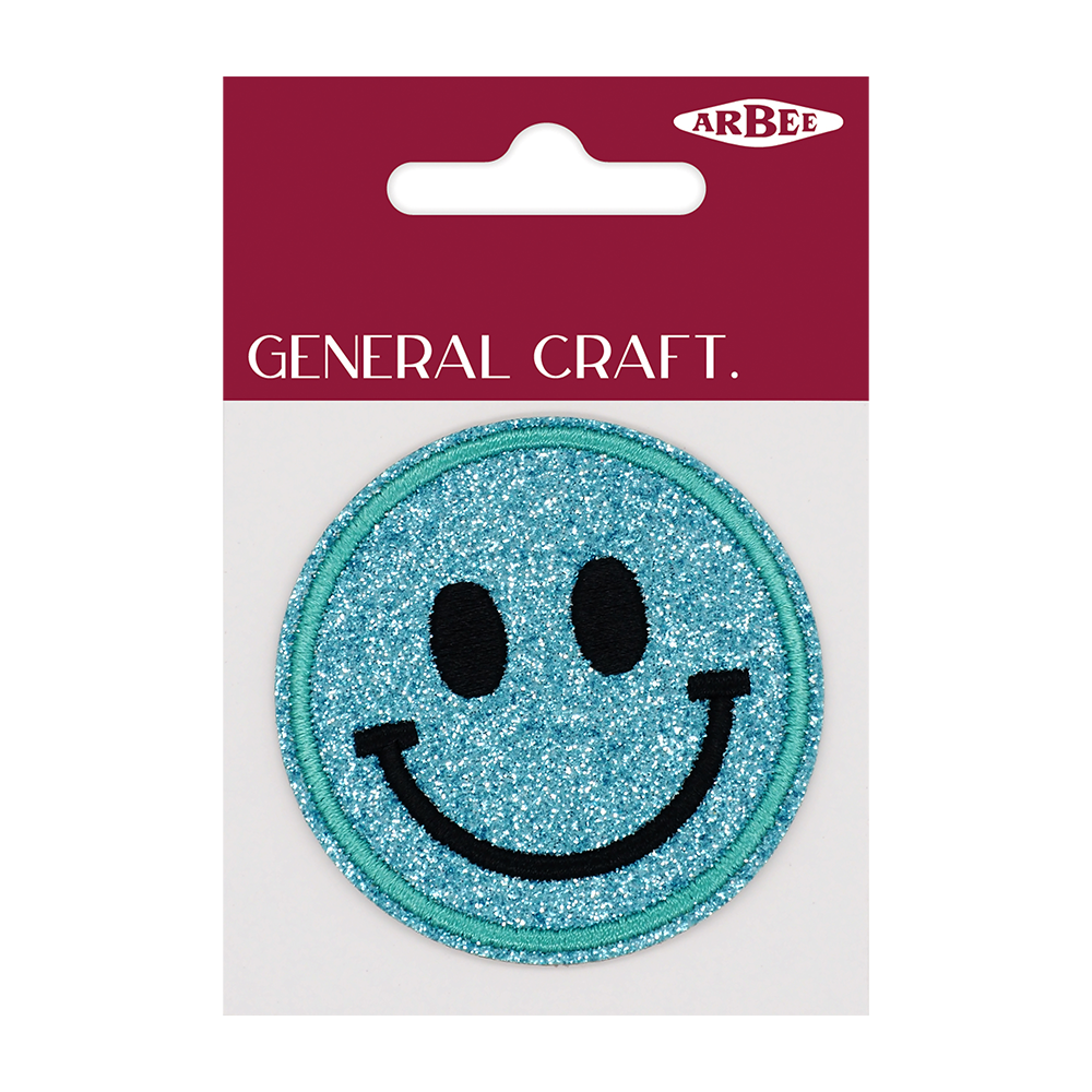 Arbee Crafty Patch, Smiley Face Glitter Aqua- 60mm 1pc – Lincraft
