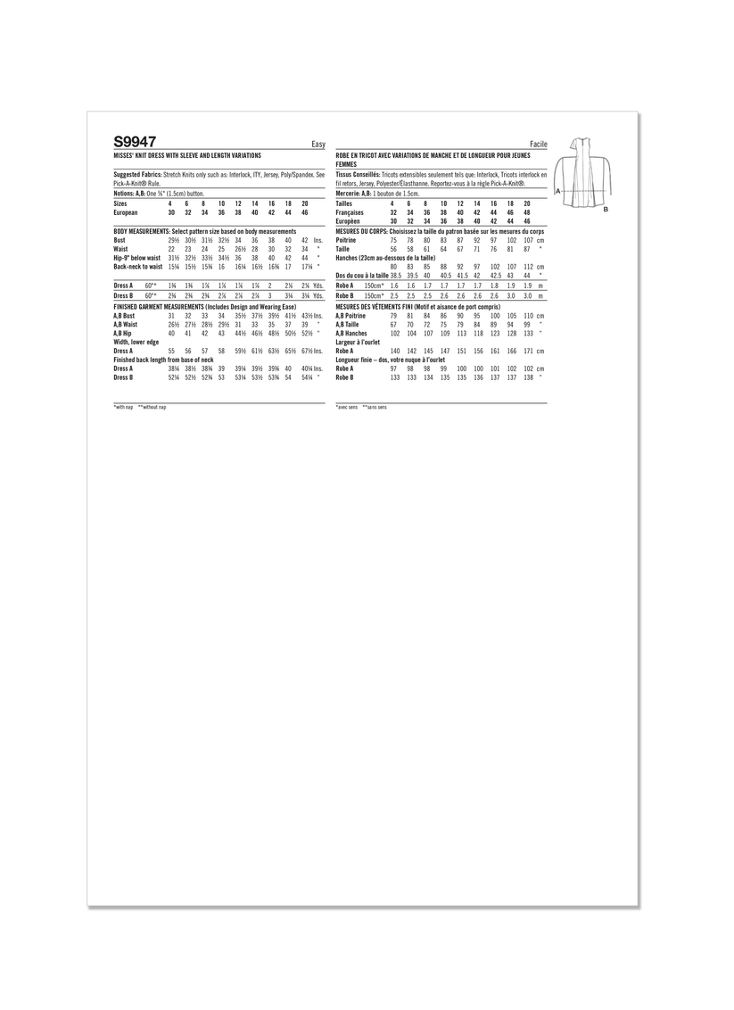 Simplicity Pattern 9947 Misses' Knit Dress with Sleeve and Length Vari ...